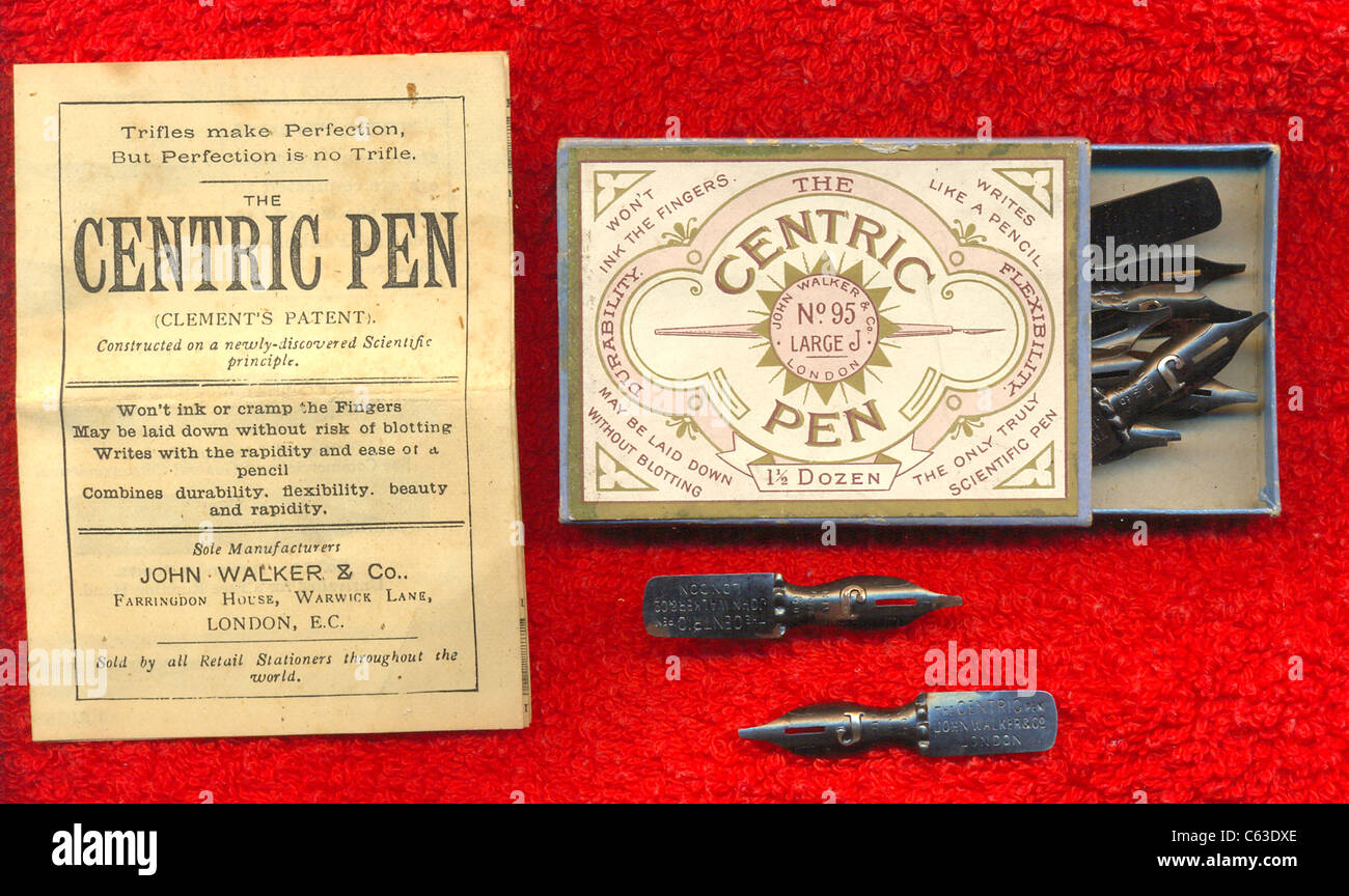 Advertisement, pen nib box and contents for The Centric Pen Stock Photo ...