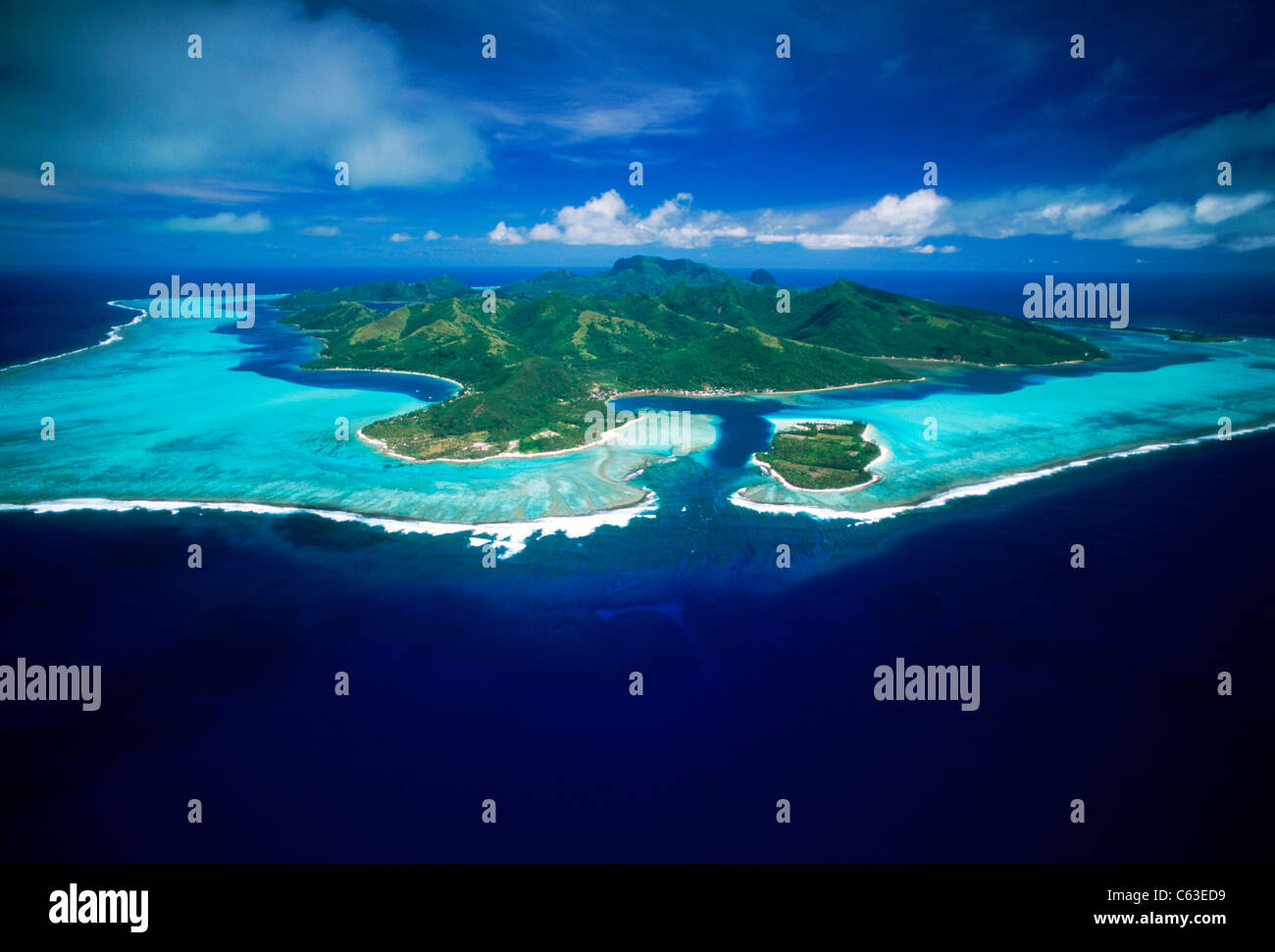 Aerial view of Huahine Island anchored in the blue South Pacific in the ...