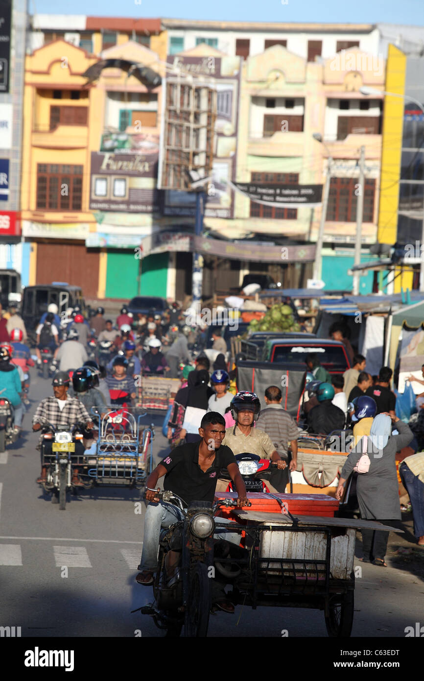 Early morning traffic in the central city. Banda Aceh, Aceh, Sumatra ...