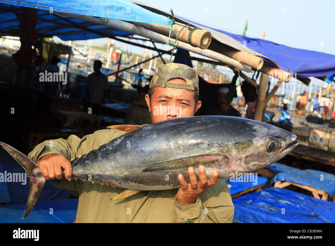 Man holding a tuna at the port side fish market Stock Photo - Alamy