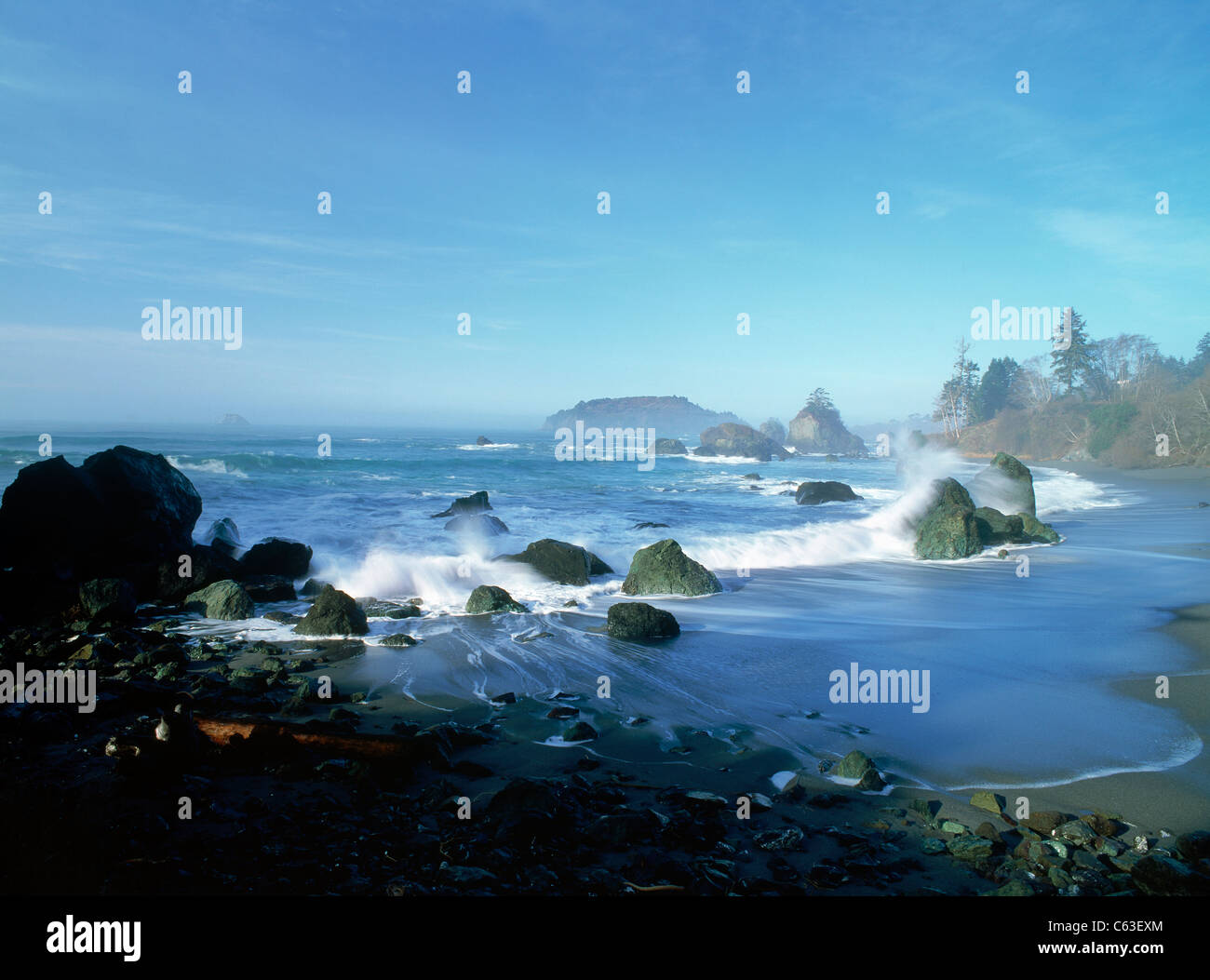 Rocky seascape and offshore sea stacks along Northern California wave ...
