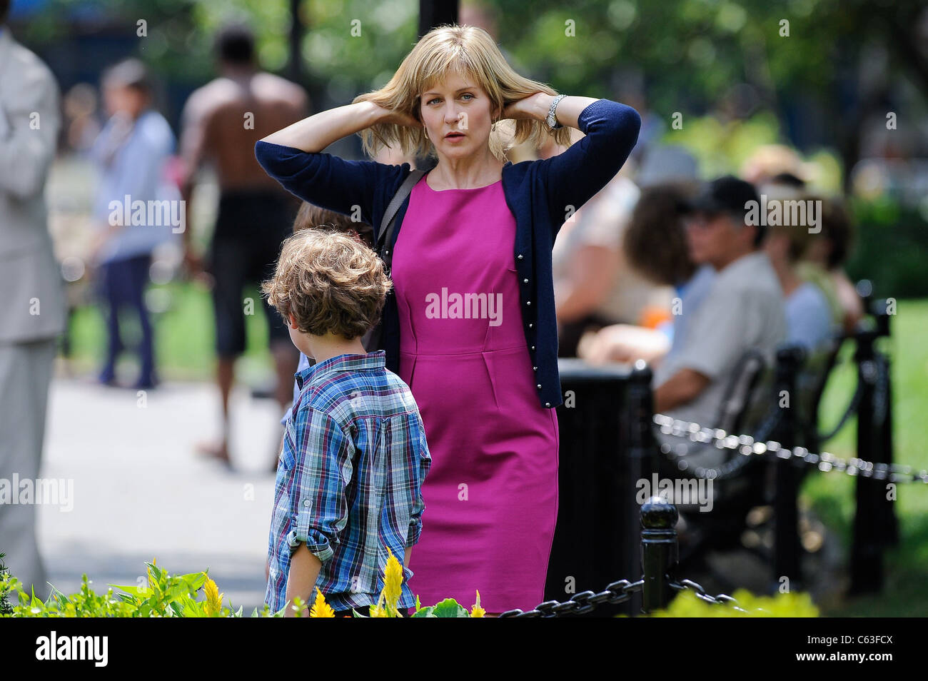 Actress Amy Carlson, films a scene at the 'Blue Bloods' movie set out ...