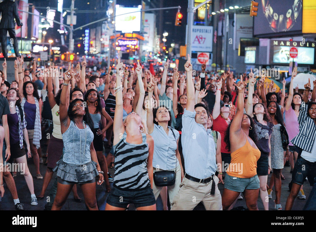 Dancers and extras at the 'Friends With Benefits' film set in Times ...