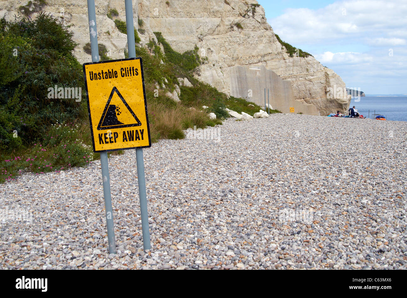Chalk cliffs at the eastern end of the bay and beach at Beer, Devon ...
