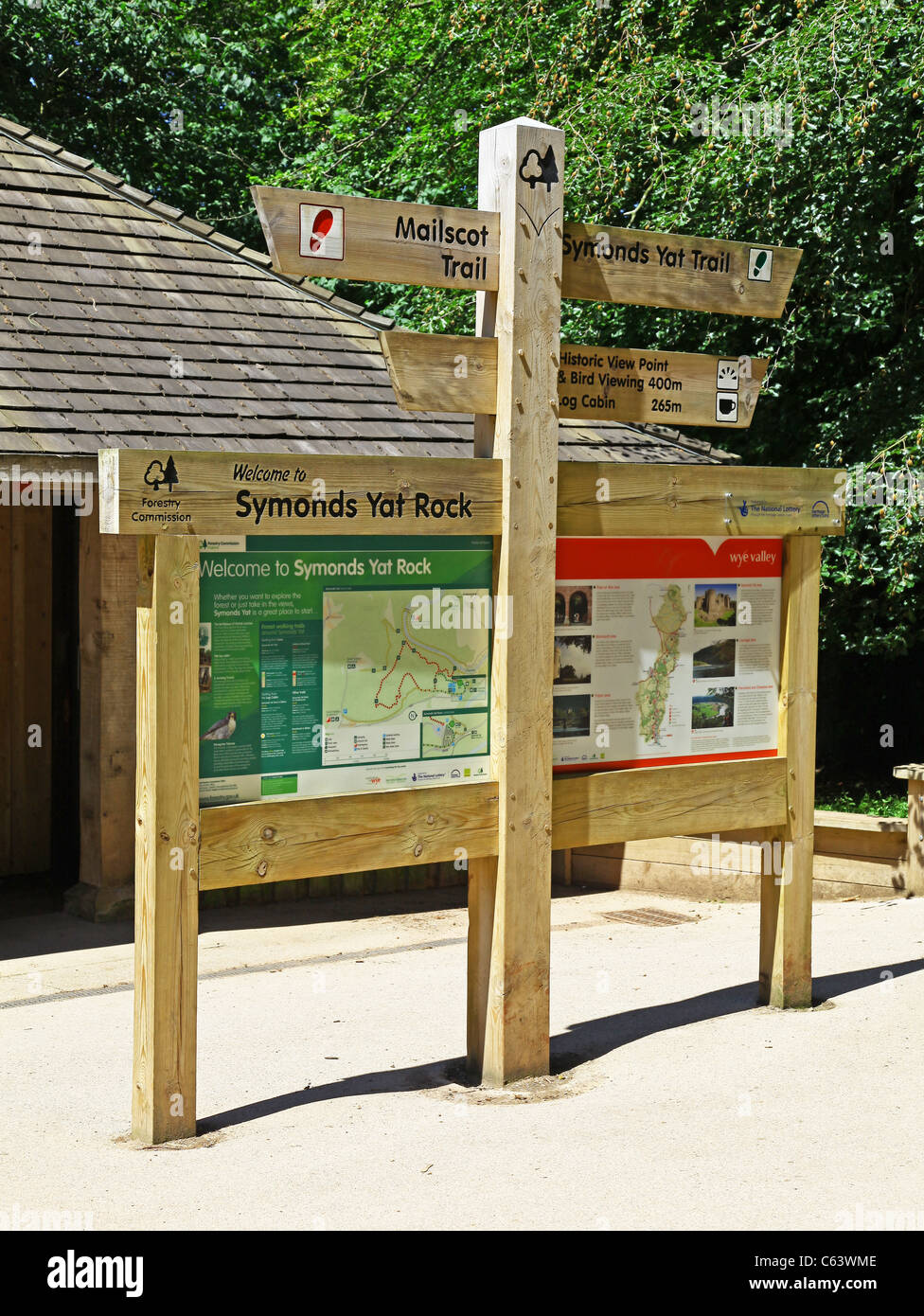 Trail signposts outside the Information centre at Symonds Yat rock ...