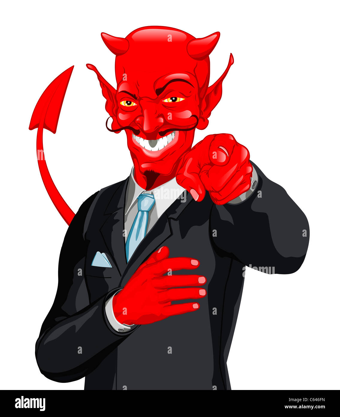 A devilish business man in a suit doing the classic finger point at the ...