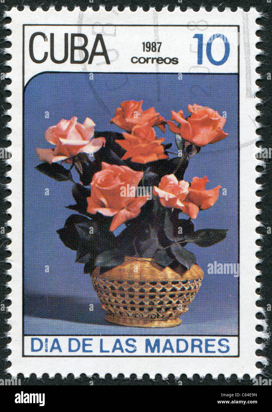 CUBA - 1987: A stamp printed in Cuba, show the roses in a vase Stock ...