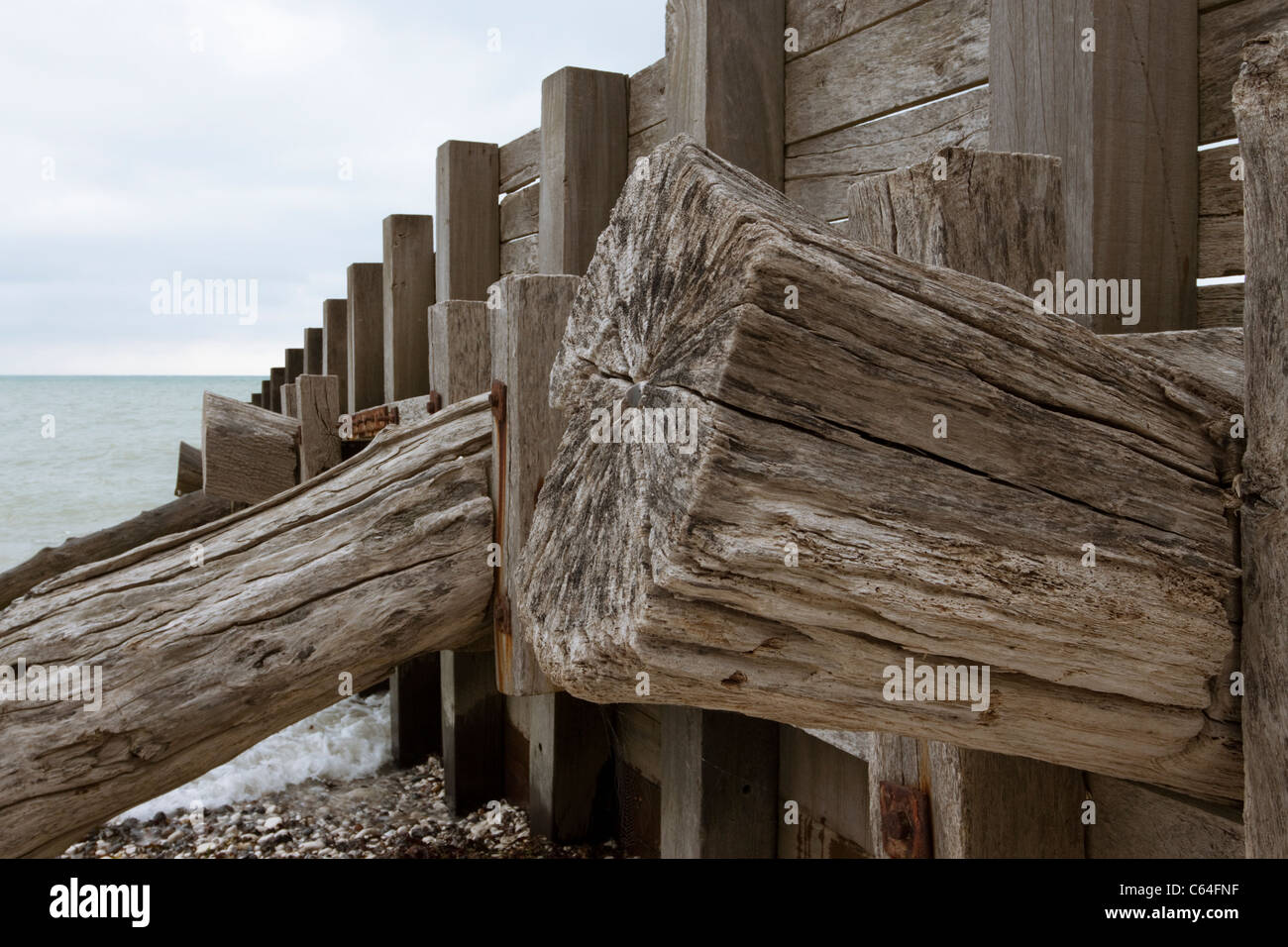 Detail of a section of a groyne/sea defence on Eastbourne seafront ...
