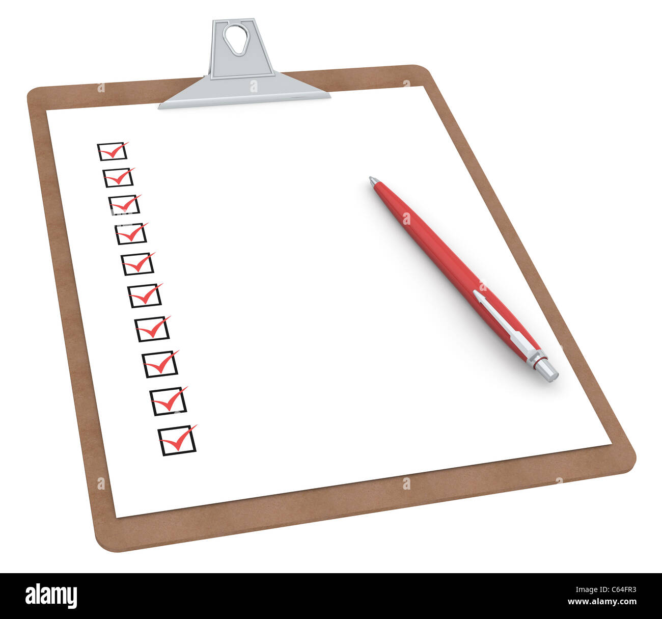 Clipboard with Checklist X 5 and Pen. Red color Side view Stock Photo ...
