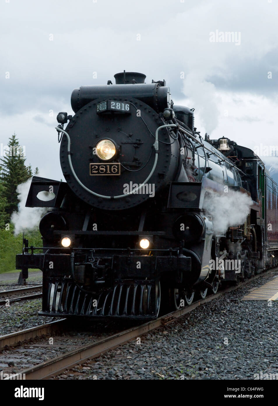 A Royal Hudson steam engine in steam at Banff Station, Alberta, Canada ...