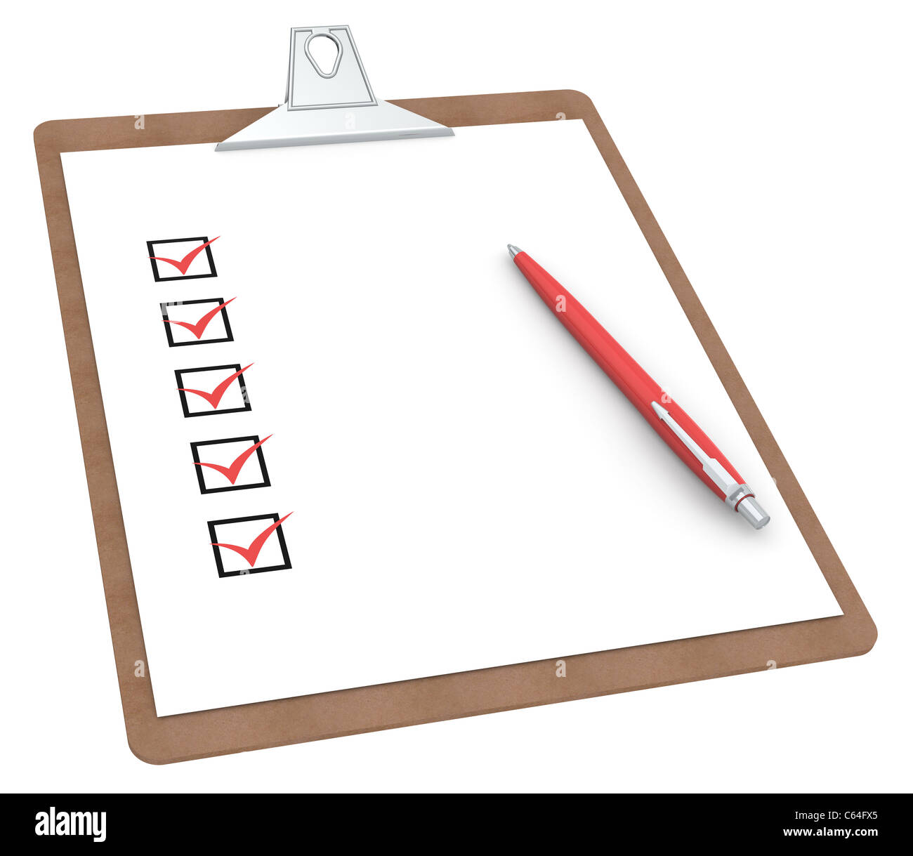 Clipboard with Checklist X 5 and Pen. Red color Side view Stock Photo ...