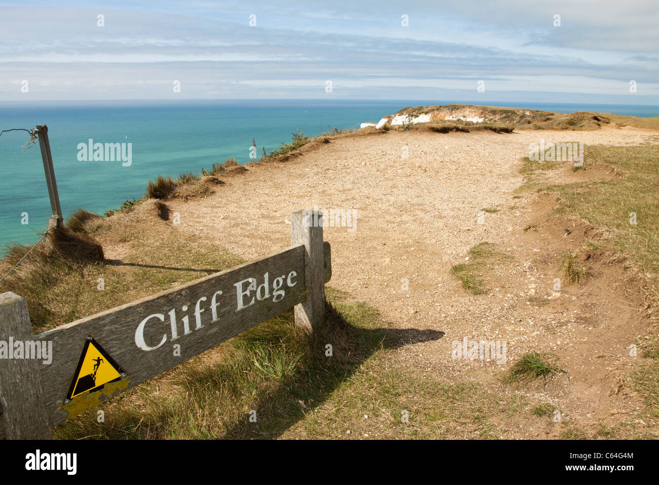 Cliff Edge warning sign at the top of Beachy Head, East Sussex, England ...