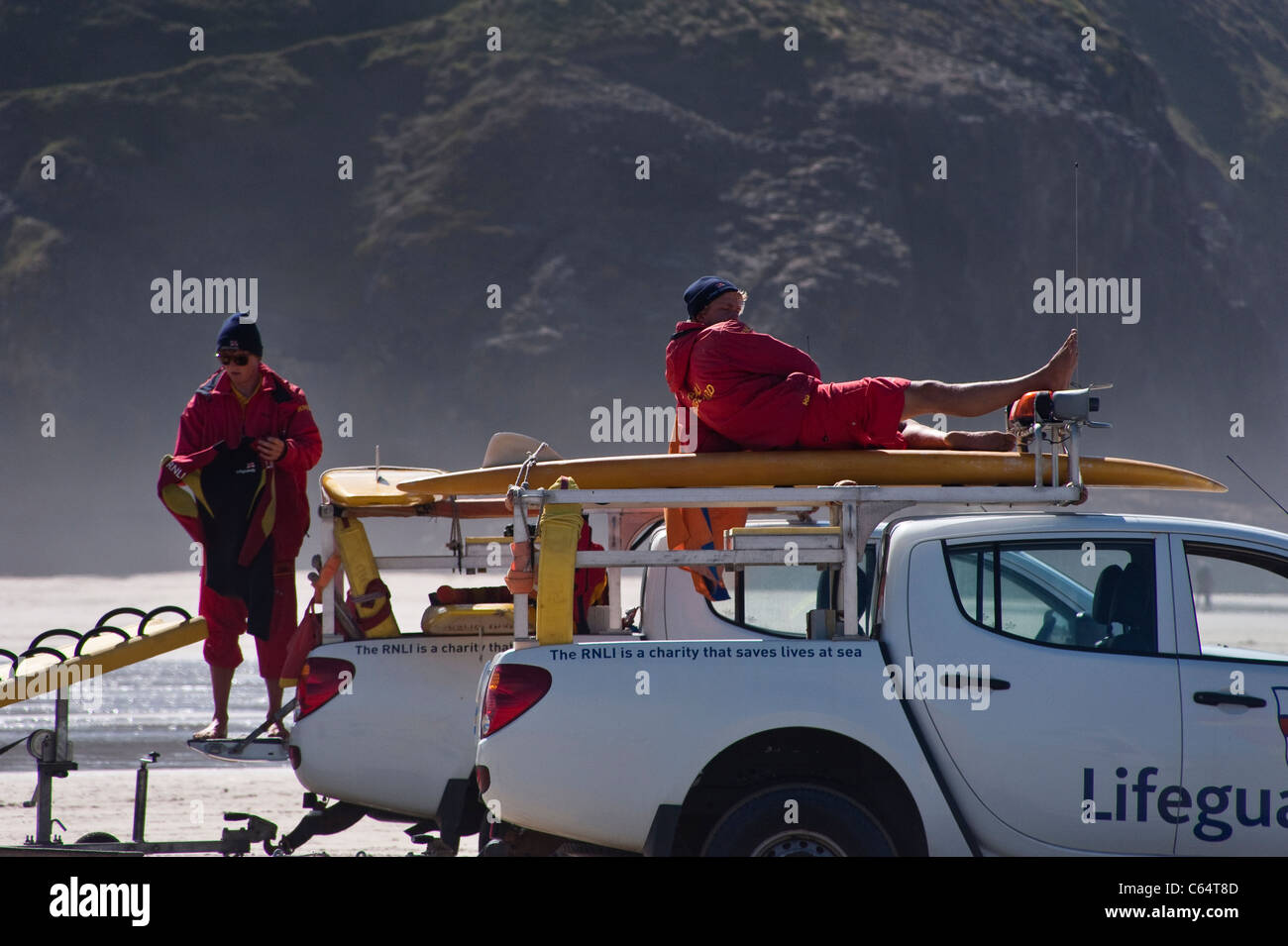 RNLI volunteer beach lifeguards at Perranporth, a popular coastal ...