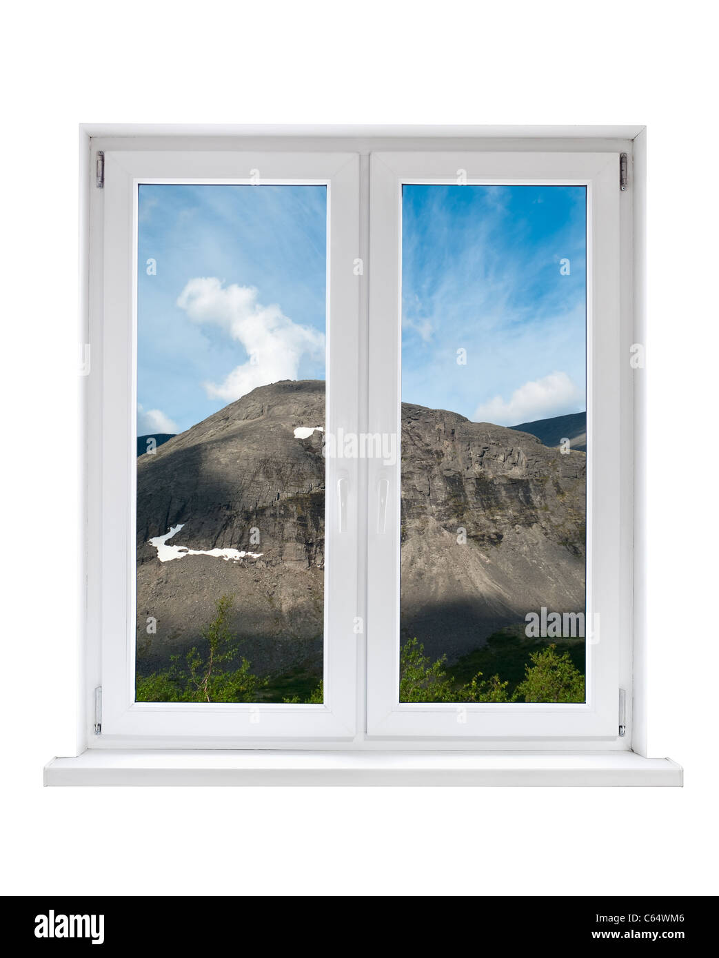 White plastic double door window isolated on white background with view ...