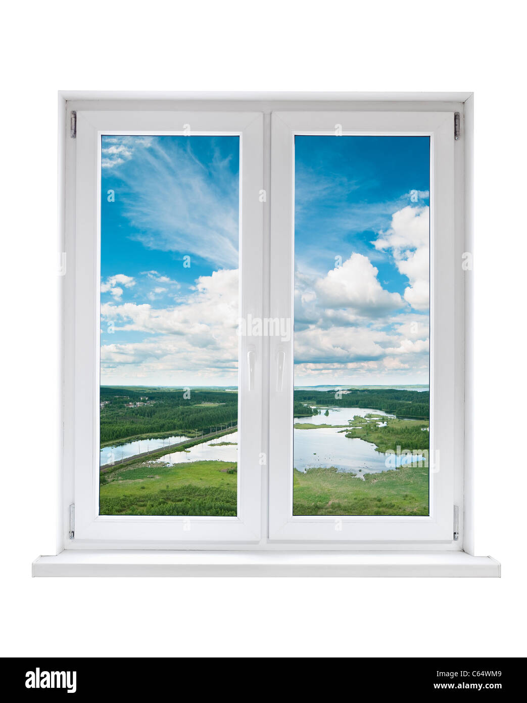 White plastic double door window isolated on white background with view ...