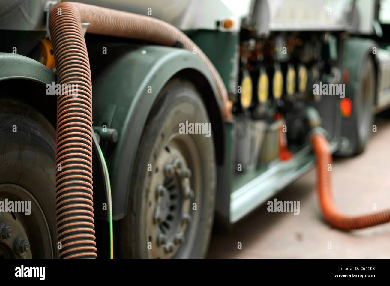 Fuel truck which refill. Hoses and pumps to load the truck Stock Photo ...