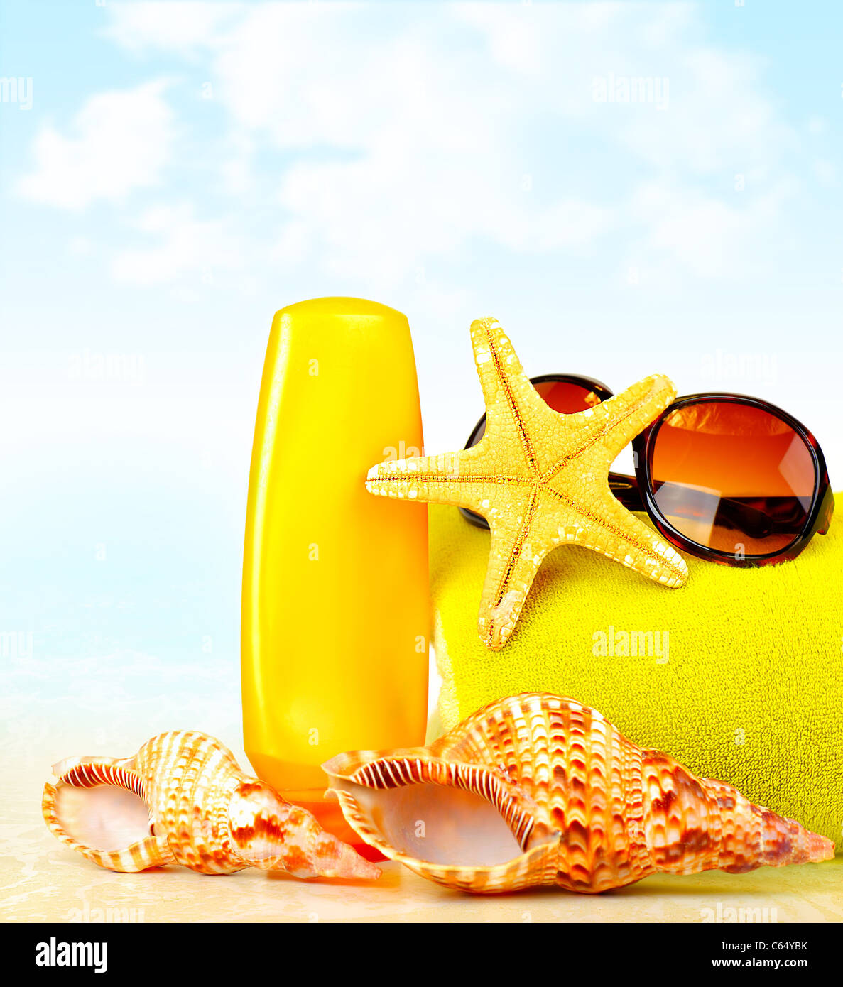 Summertime holidays background, beach objects on the sand, fun of ...