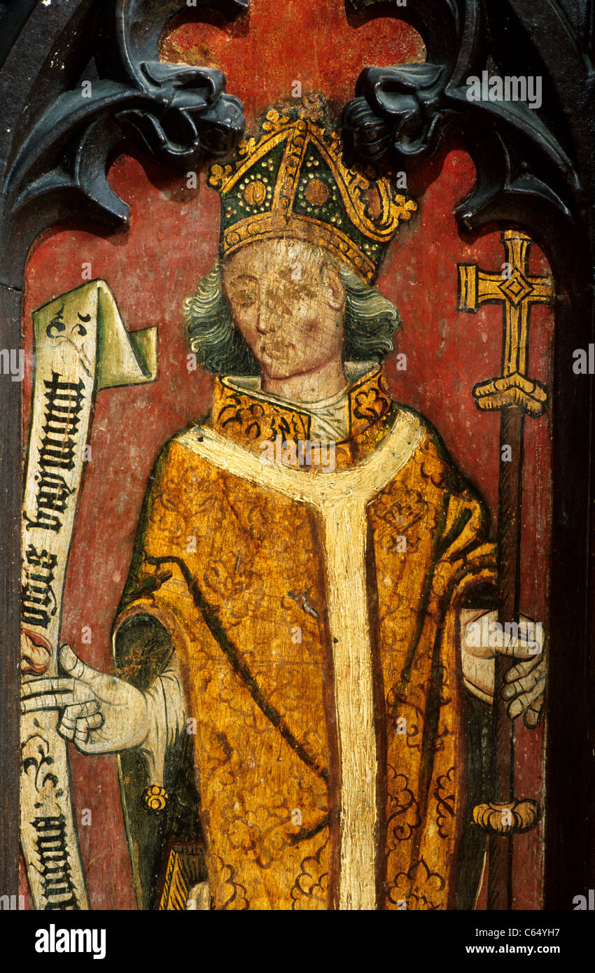 Foxley, Norfolk. Rood Screen gate, St. Ambrose, Bishop of Milan, one of ...