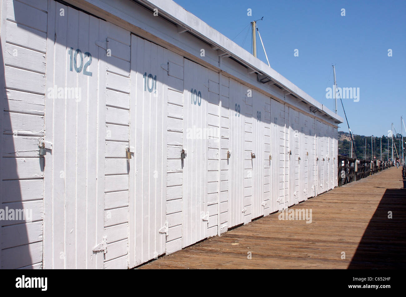 Storage lockers along the deck of a marina in Sausalito, California ...