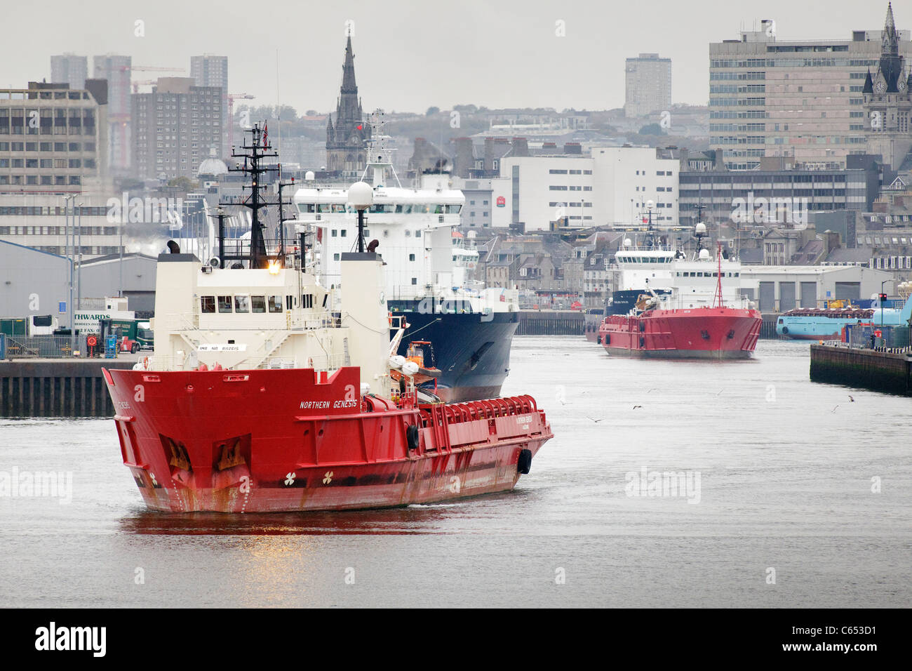 Oil rig supply vessels in Aberdeen docks on the north east of Scotland ...