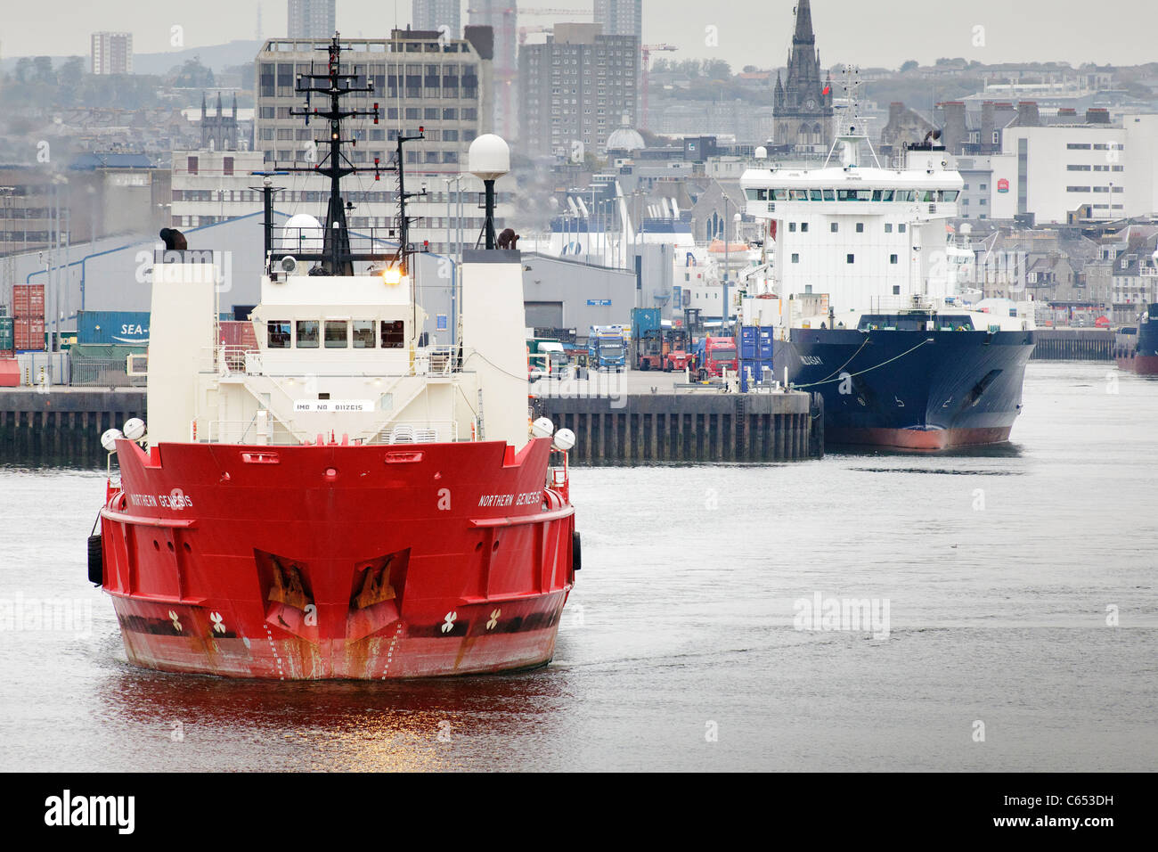 Oil rig supply vessels in Aberdeen docks on the north east of Scotland ...