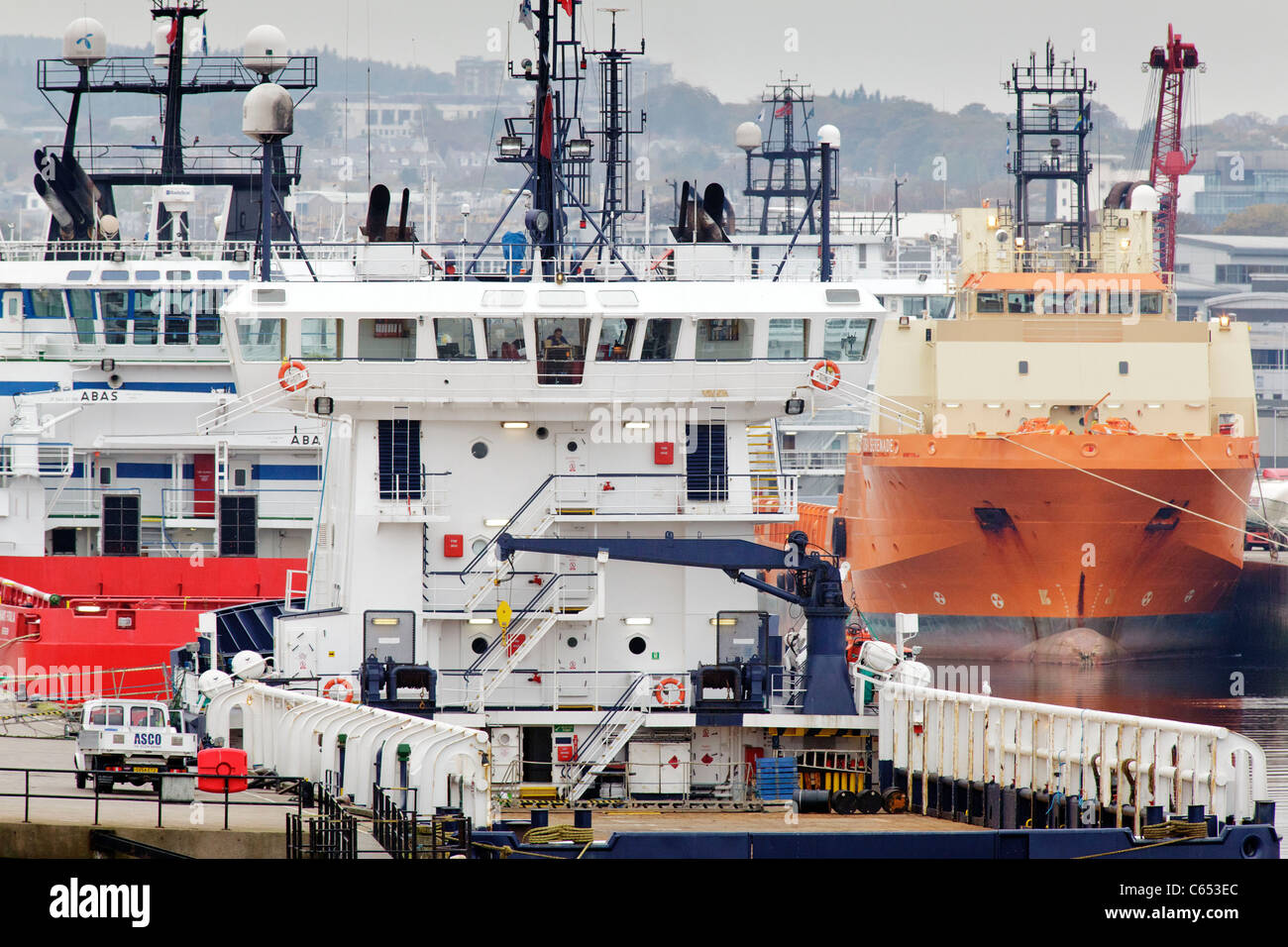 Oil rig supply vessels in Aberdeen docks on the north east of Scotland ...