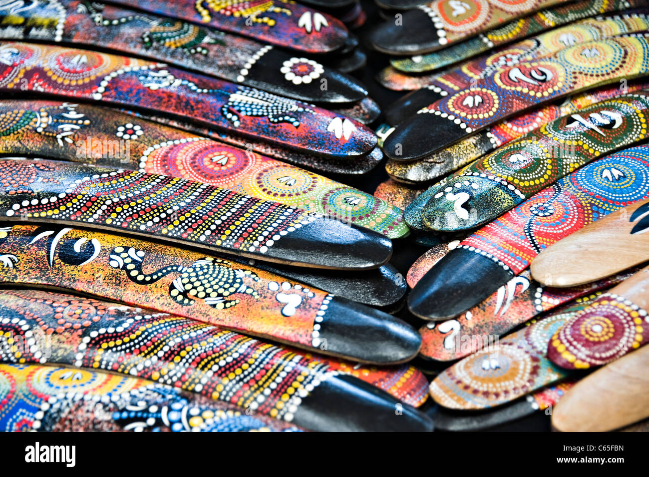 Closeup of Colourful Boomerangs On Display in a Stall at Queen Victoria ...