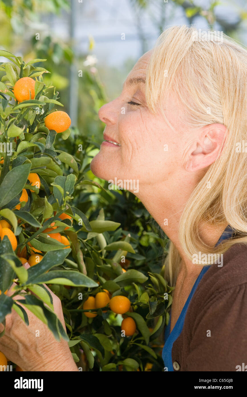 Mature woman smelling fruit tree Stock Photo - Alamy