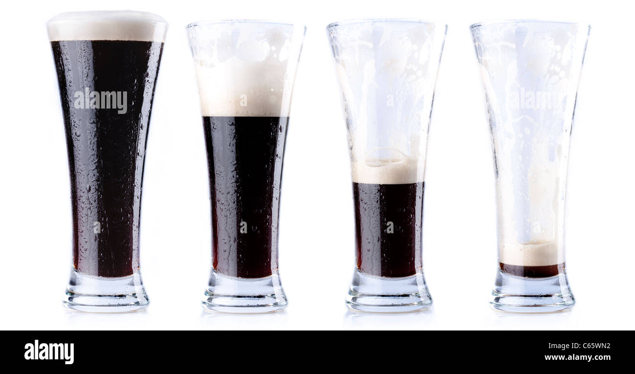 Four glasses of beer in various stages, from full to empty Stock Photo ...