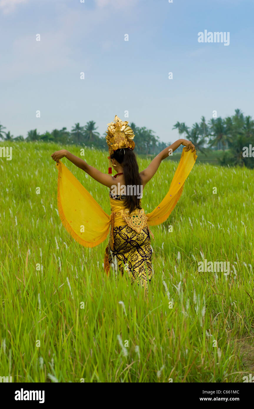 Rear view of traditional Balinese Dancer outdoors in long grass Stock ...