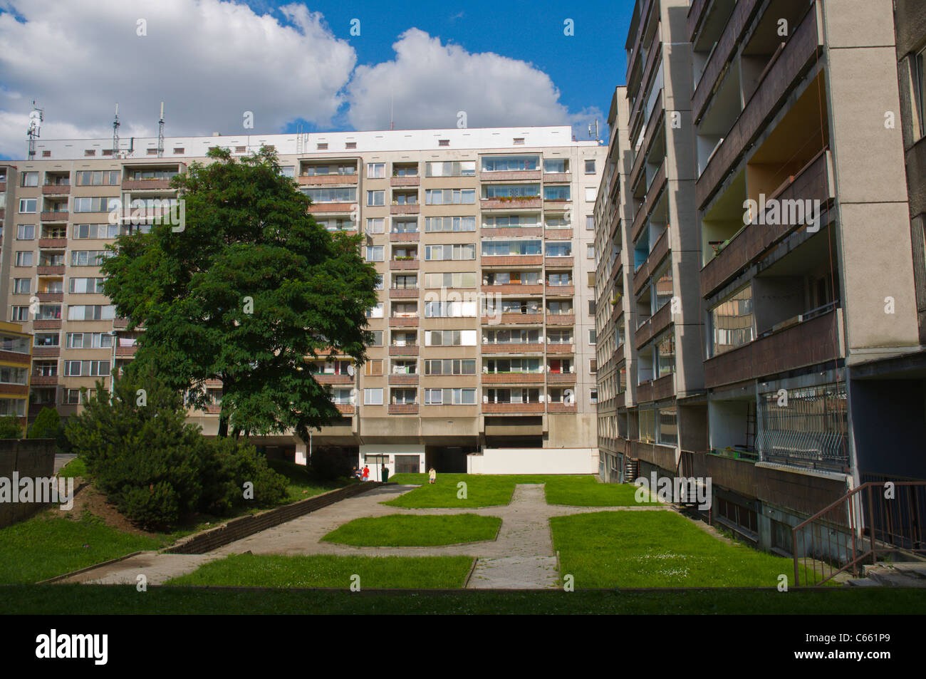 Socialist-era residential housing blocks and courtyard Zizkov district ...