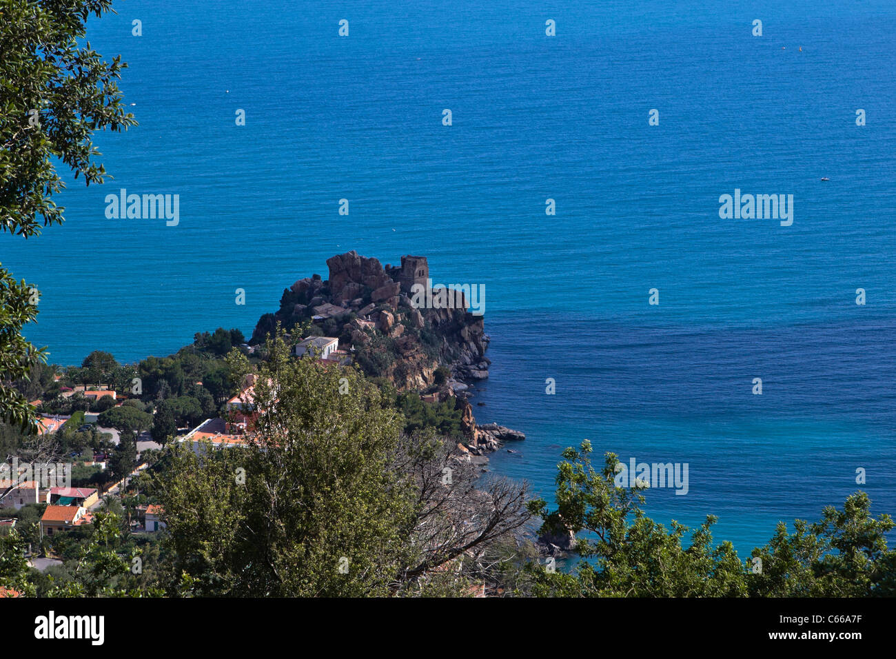 Medieval houses and seafront of old village, Cefalu, Palermo Province ...
