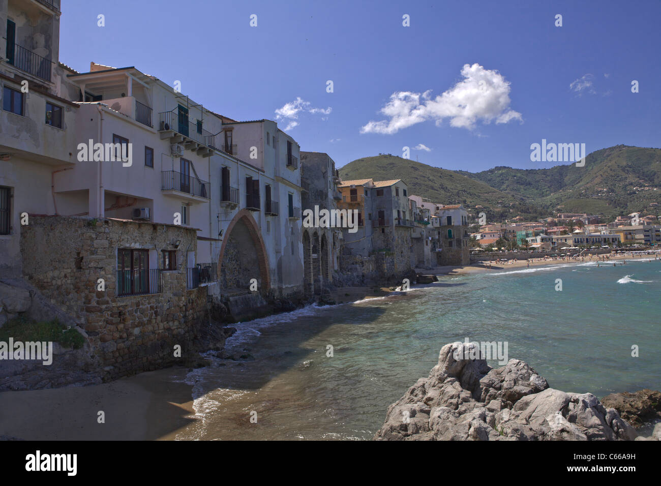 Medieval houses and seafront of old village, Cefalu, Palermo Province ...