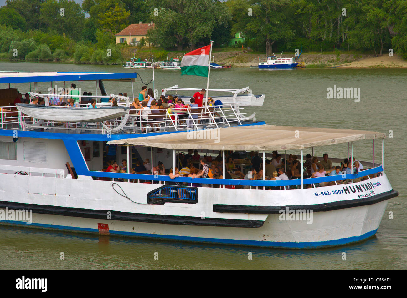 Ferry heading to Budapest at Mahart ferry pier central Szentendre town ...