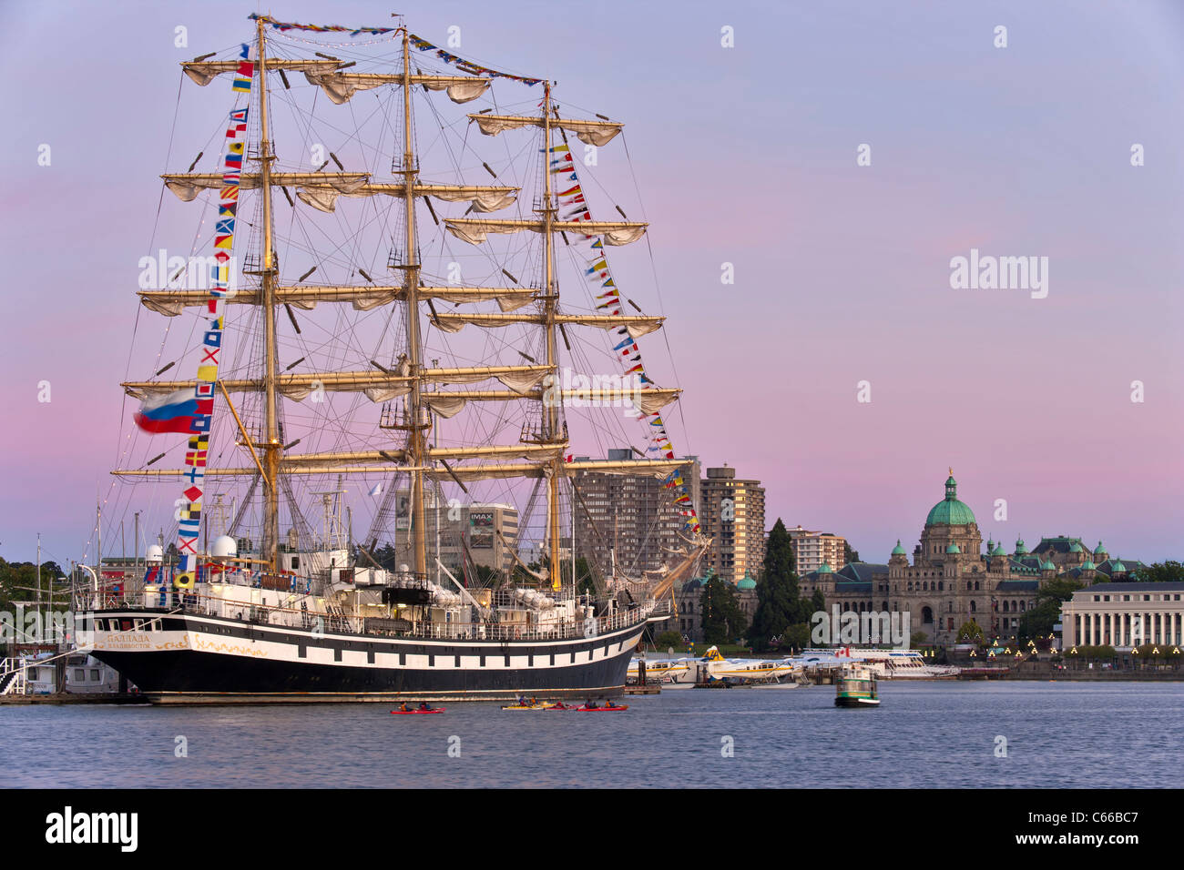 Russian tall ship Pallada berthed at inner harbour at dusk-Victoria ...