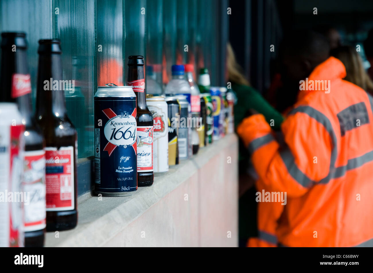 Alcohol cans and bottles line a wall at the Emirates Stadium as ...