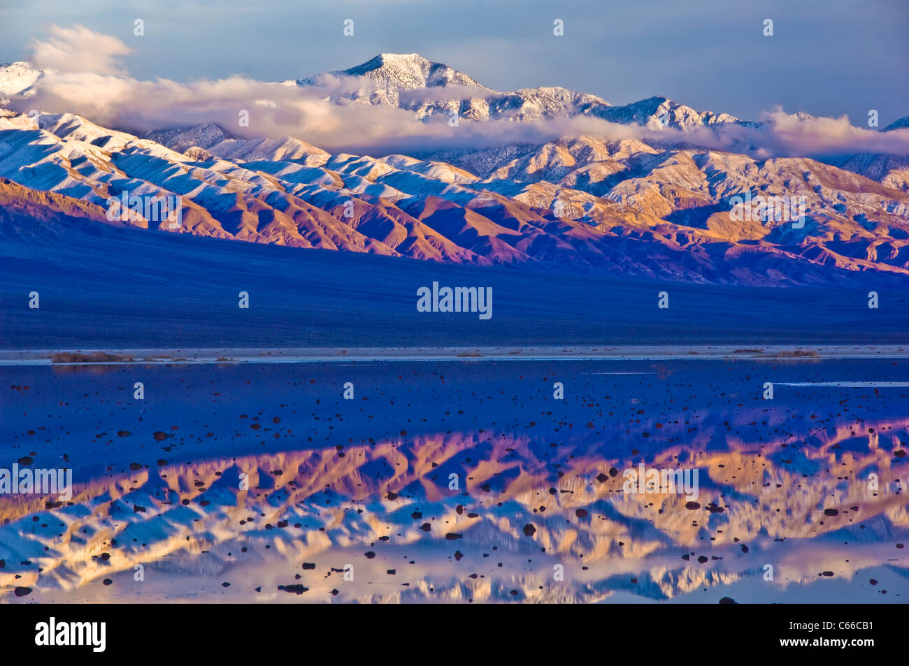 Reflections of the Panamint mountains at sunset. Panamint Valley lake ...
