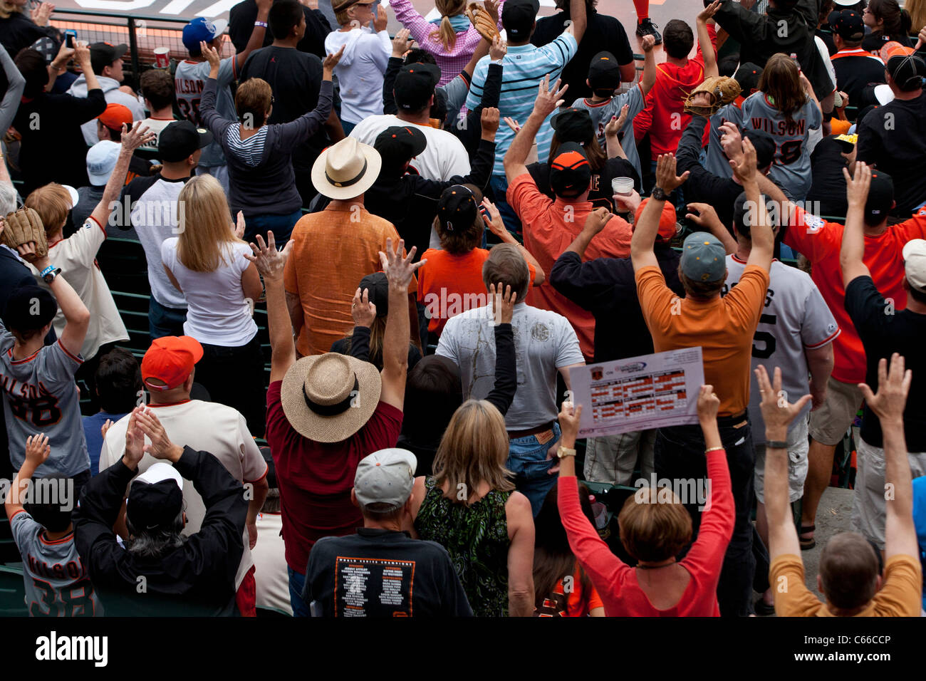Aerial view of fans in seats at a ball park, San Francisco, California ...