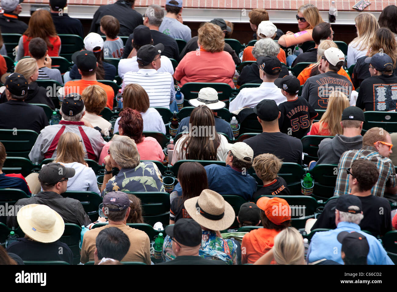 Aerial view of fans in seats at a ball park, San Francisco, California ...