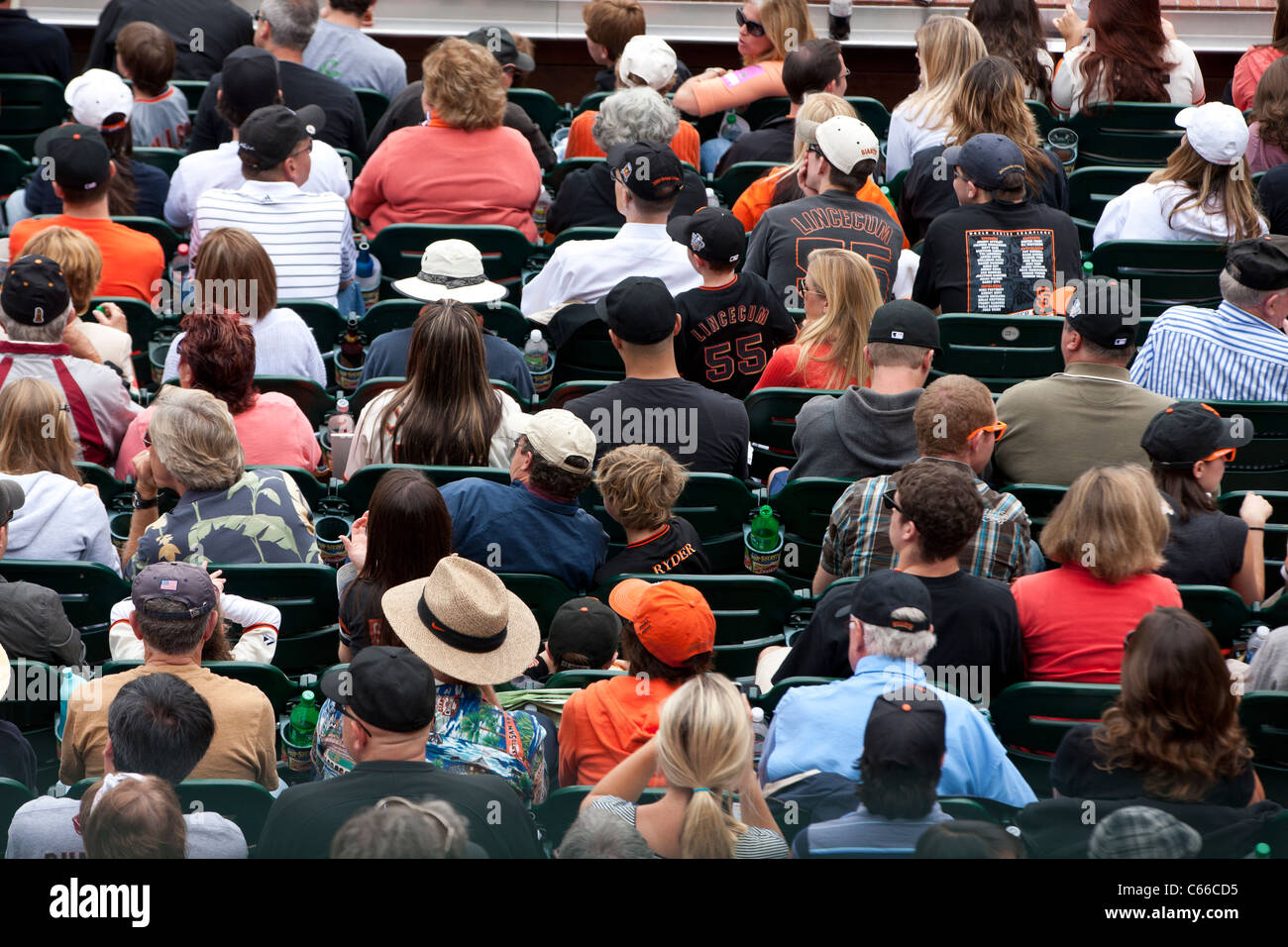 Aerial view of fans in seats at a ball park, San Francisco, California ...