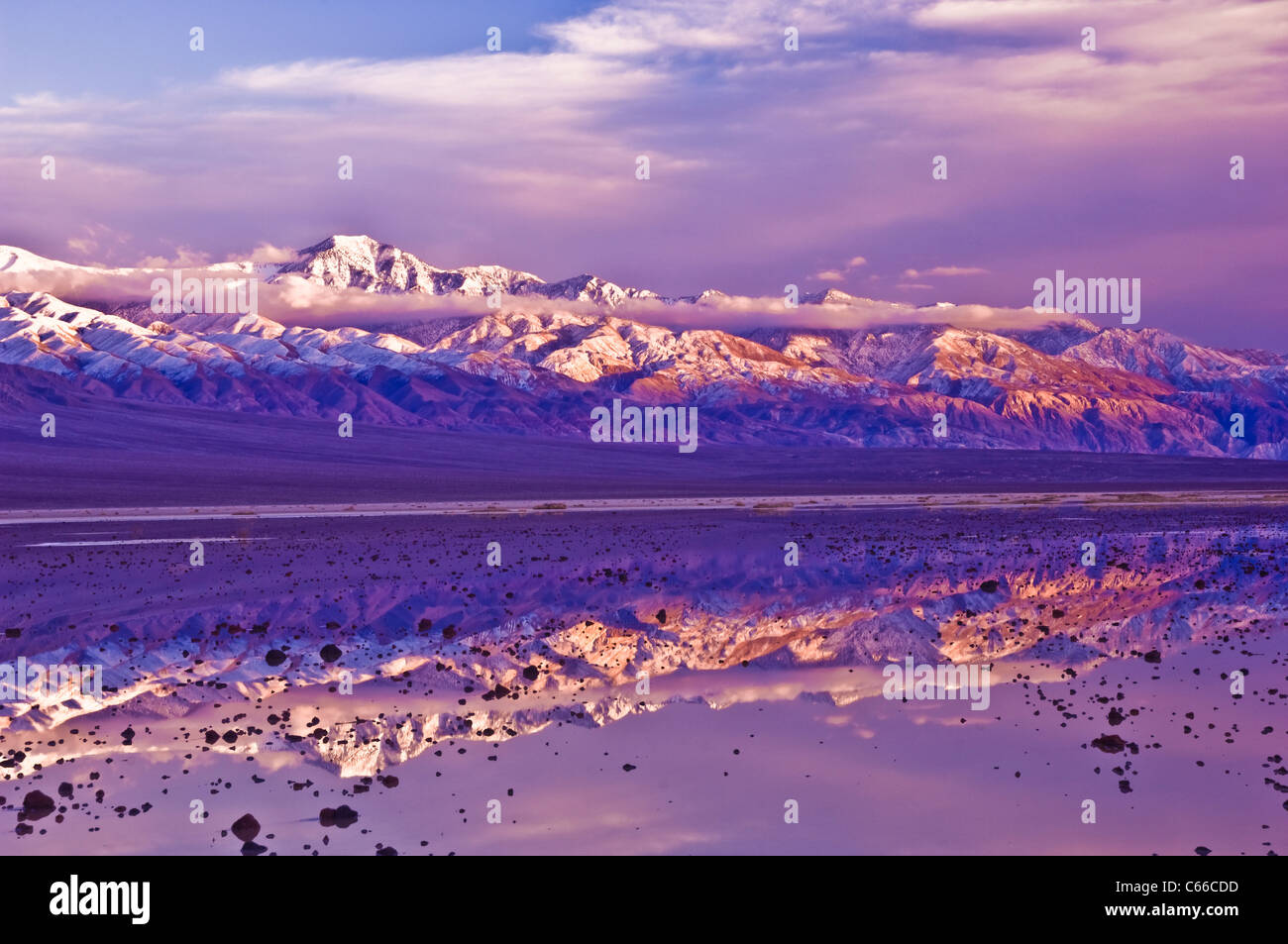 Reflections of the Panamint mountains at sunset. Panamint Valley lake ...