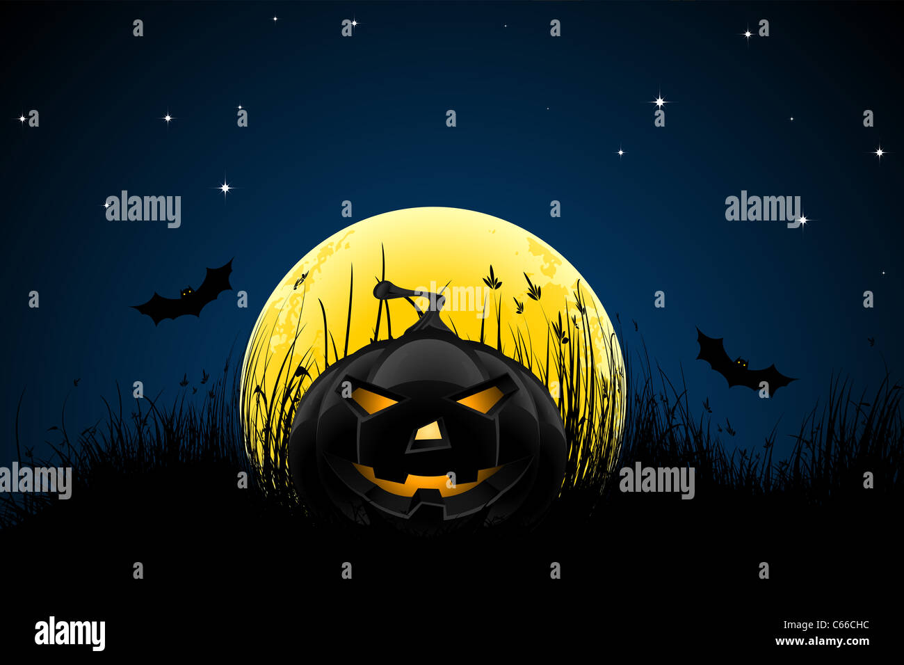 Halloween night background with pumpkin bats stars and moon Stock Photo ...