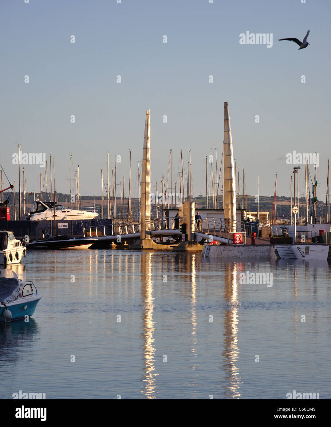 Pedestrian footbridge at entrance to harbour, Torquay, Tor Bay, Devon ...
