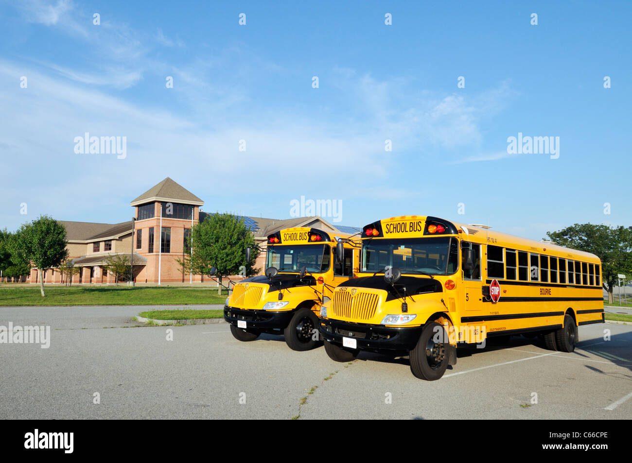 2 Yellow public school buses parked side by side in parking lot outside ...