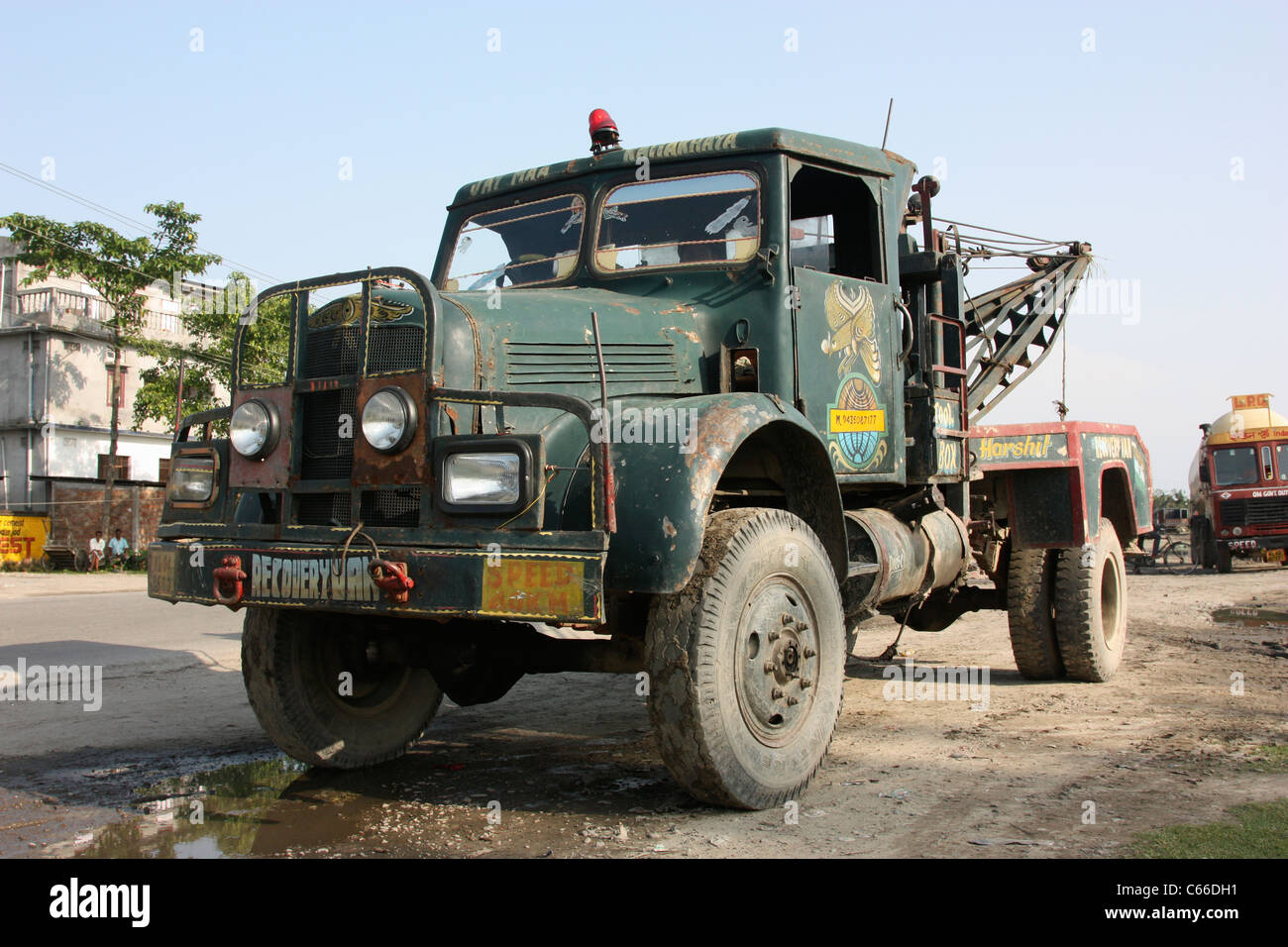 Vintage Indian Tata 1210 SE breakdown recovery truck on a highway in ...