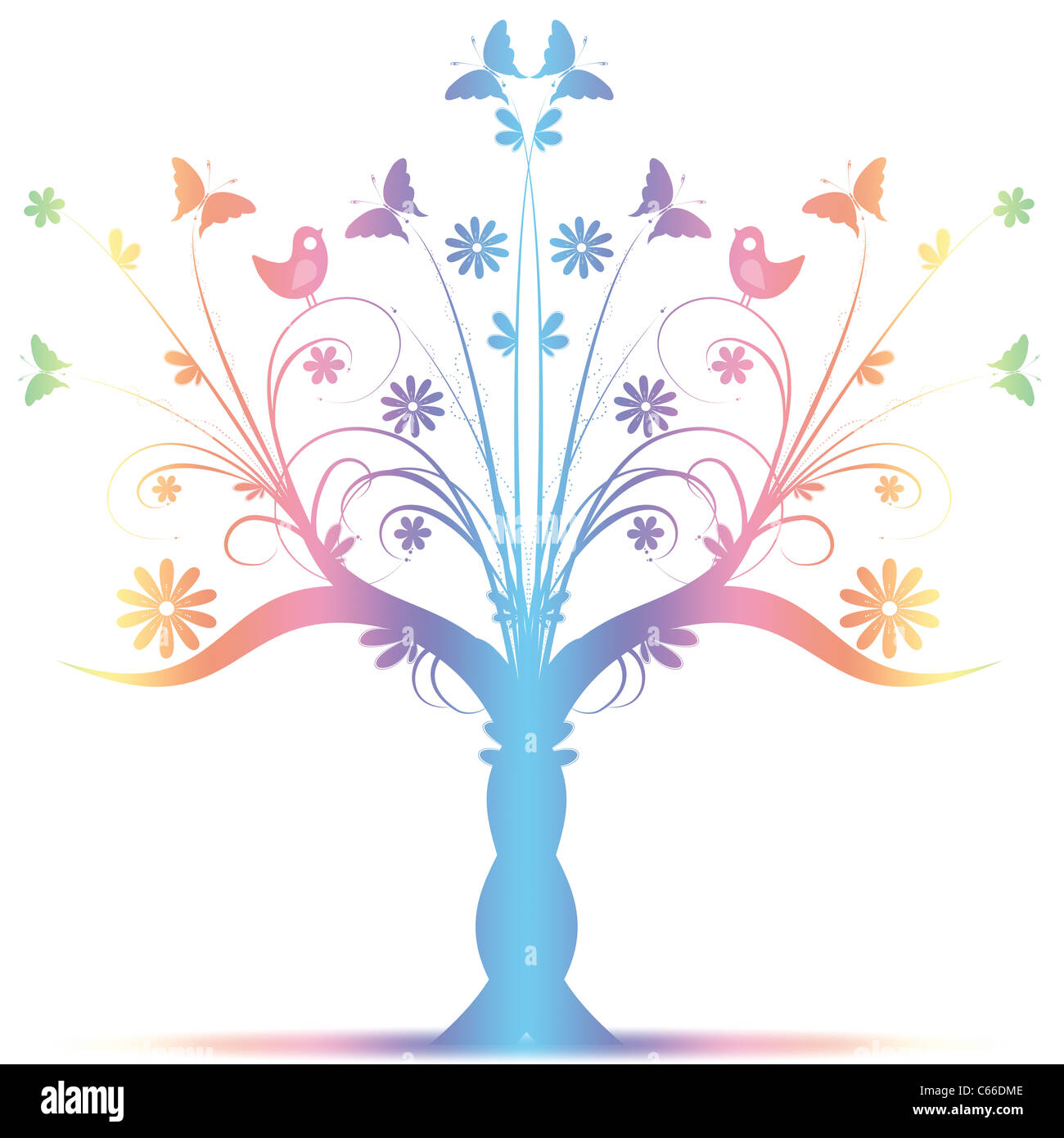 Colorful art tree with birds and butterfly on white background Stock ...