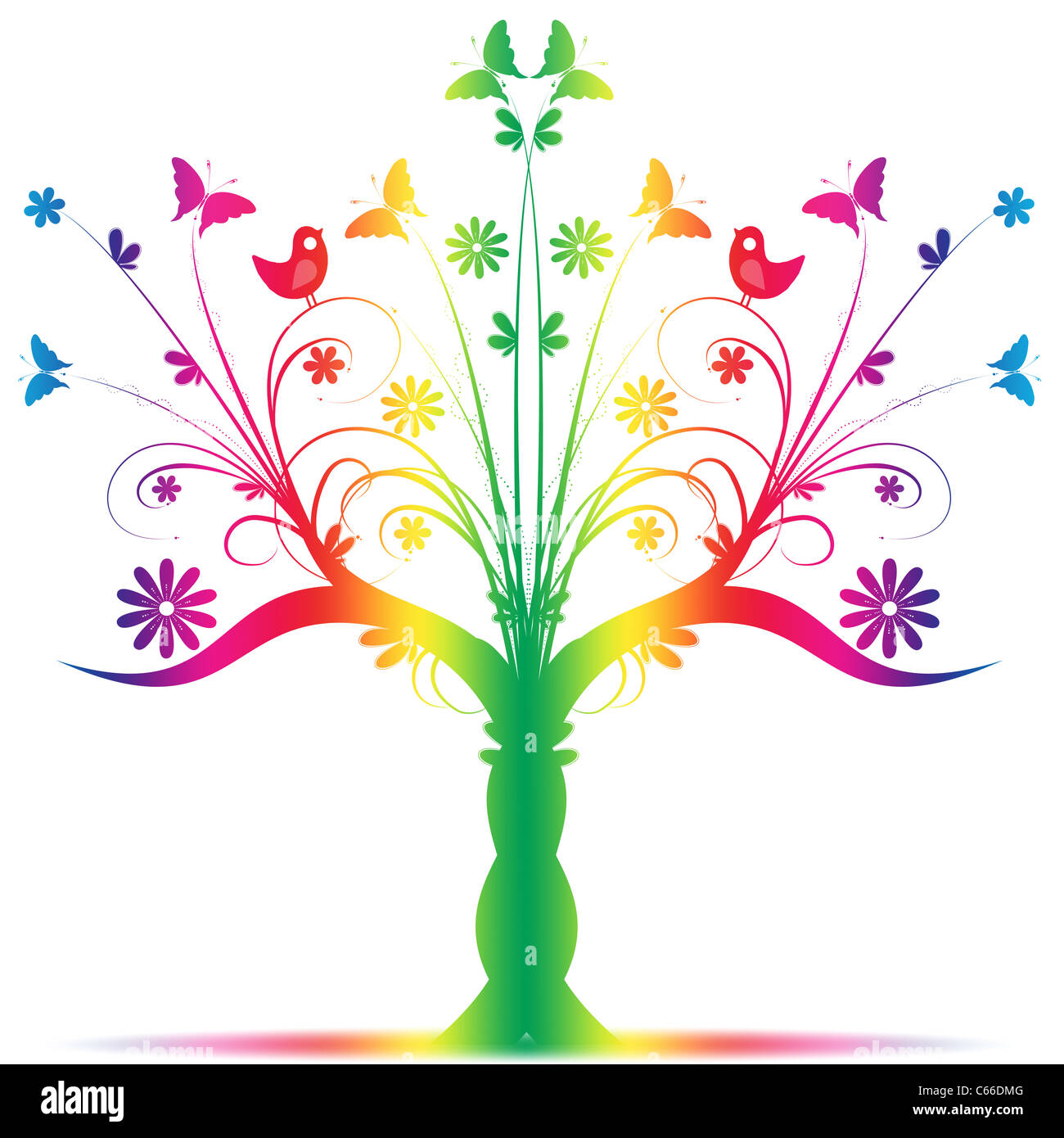Colorful art tree with birds and butterfly on white background Stock ...