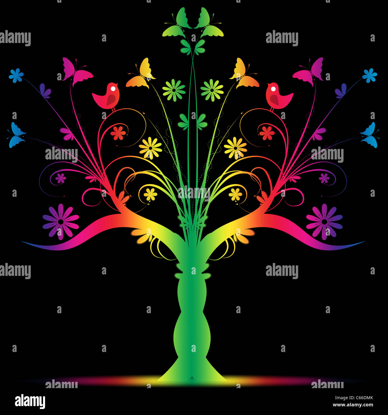 Colorful art tree with birds and butterfly on black background Stock ...