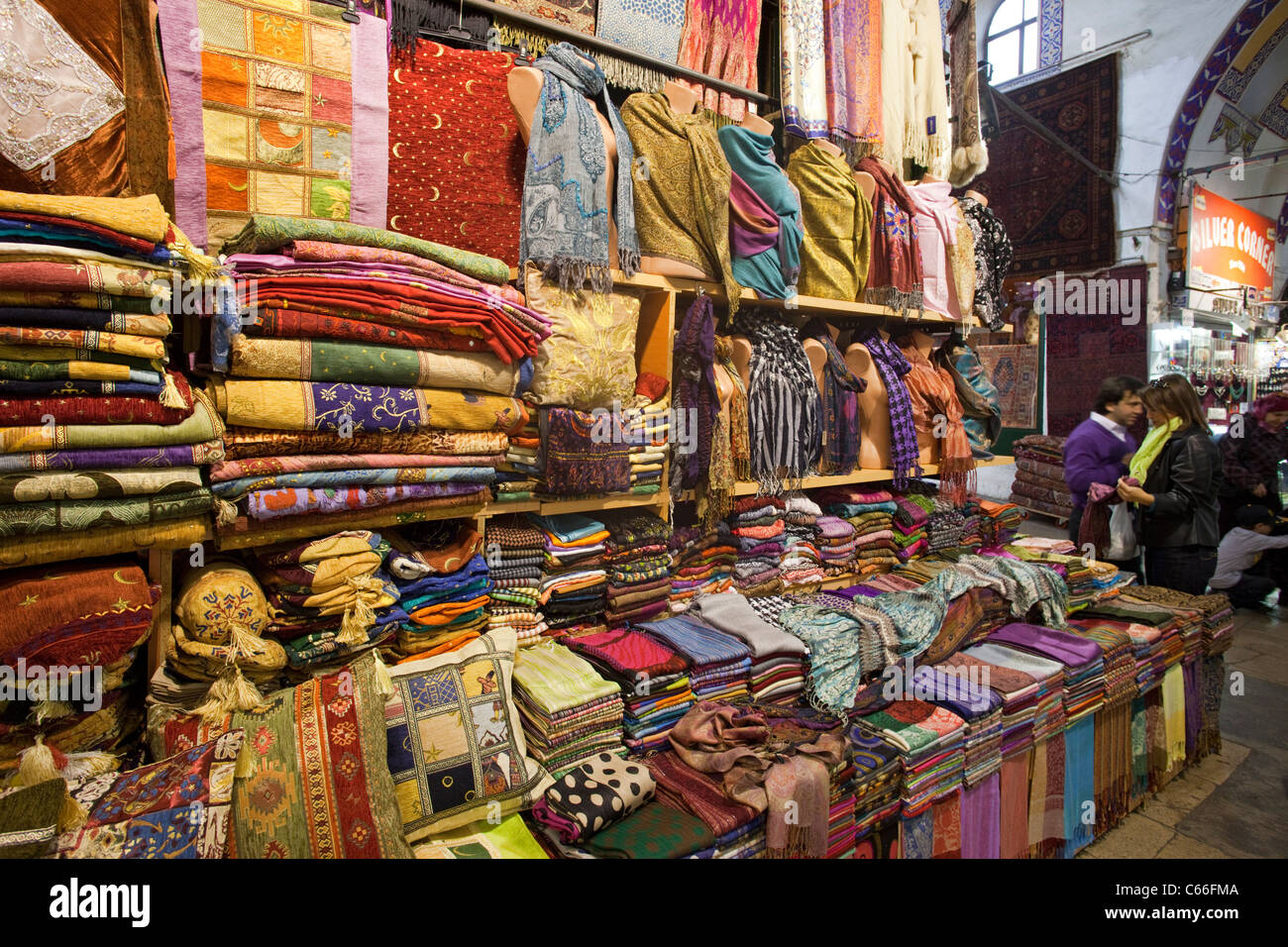 Turkey, Istanbul, Sultanahmet, Grand Bazaar, Fabric Shop Display Stock ...