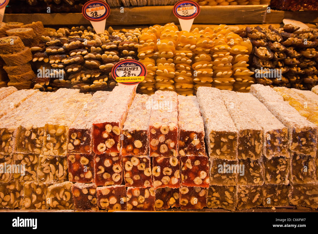 Turkey, Istanbul, Sultanahmet, Spice Bazaar, Display of Turkish Delight ...
